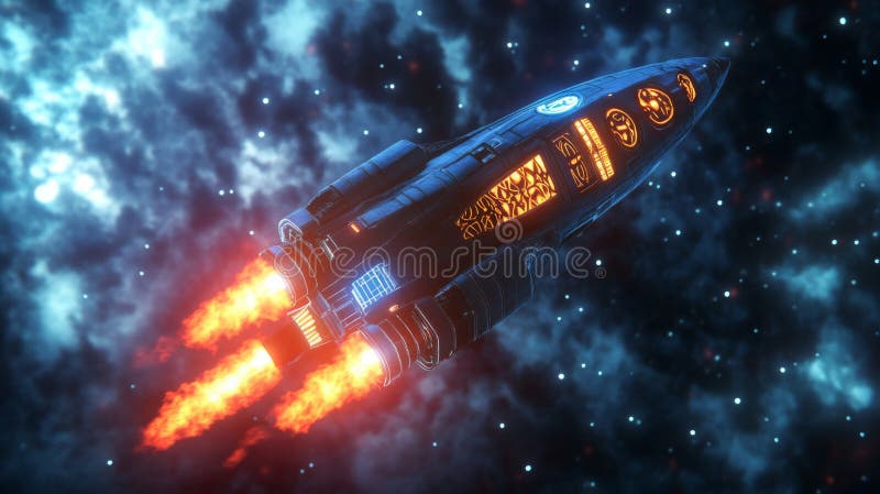 A Futuristic Rocket Launches into Deep Space with Vibrant Flames ...