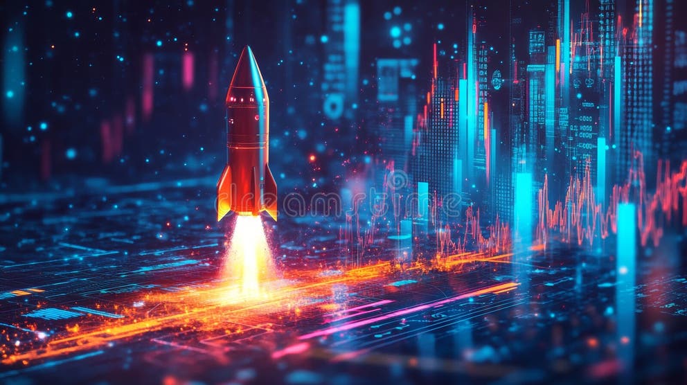 A Futuristic Rocket Launches Surrounded by Glowing Data and Graphs ...