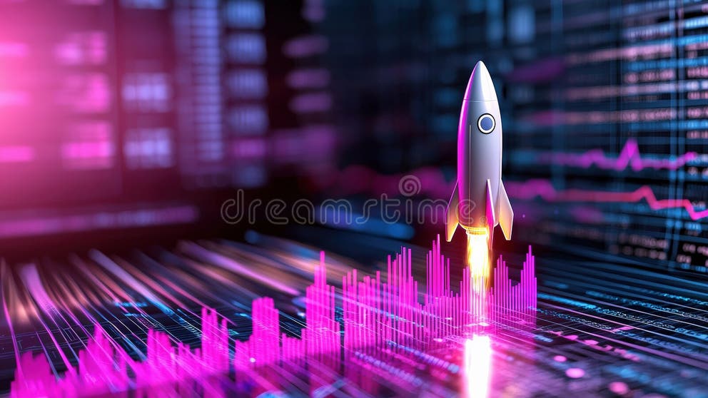 A Futuristic Rocket Launching Amidst Vibrant Digital Graphics and Data ...