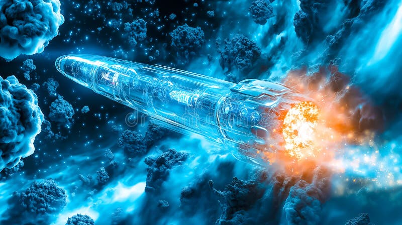 Futuristic Rocket Launching with Bright Flames Against a Cosmic ...
