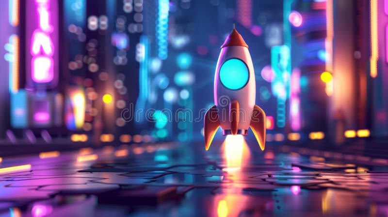 Futuristic Rocket Launching on Neon-lit City Street, Sci-fi Concept ...