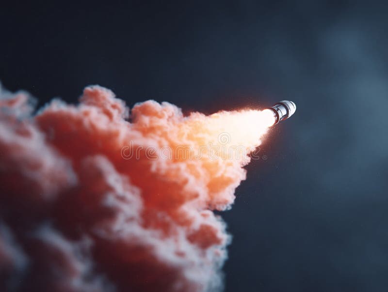 Futuristic Rocket Launching into the Night Sky. Orange Smoke and Flame ...