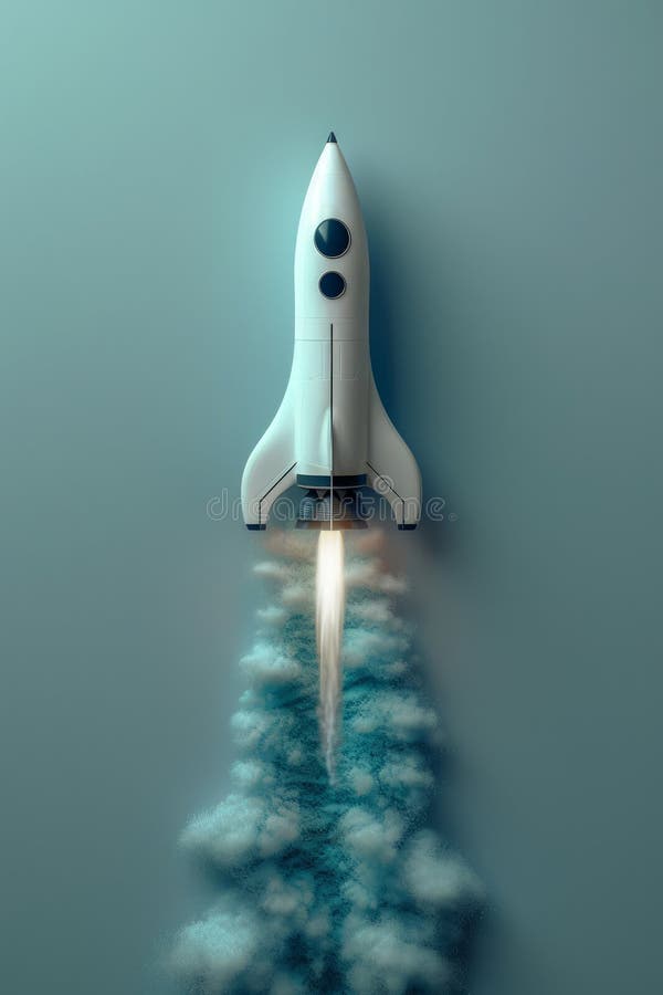 Futuristic Rocket Launching into Space from a Blue Background, Leaving ...