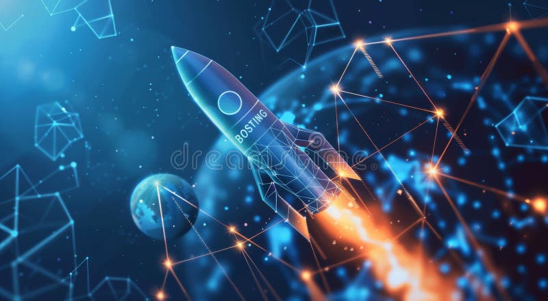 Futuristic Rocket Launching Towards Earth in Digital Space with Blue ...
