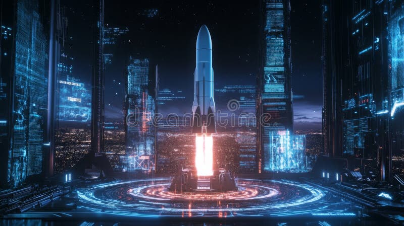 Futuristic Rocket Launchpad Illuminated by Neon Lights in a High-tech ...