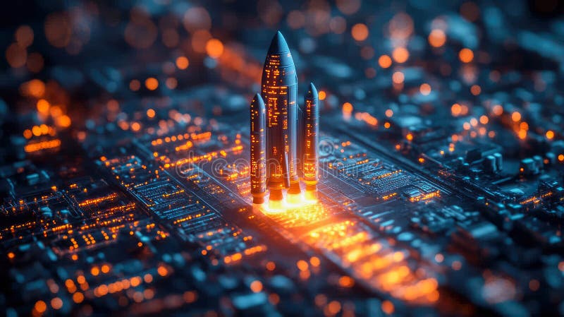 Futuristic Rocket Model on a Microchip-like Circuit Board Glowing with ...