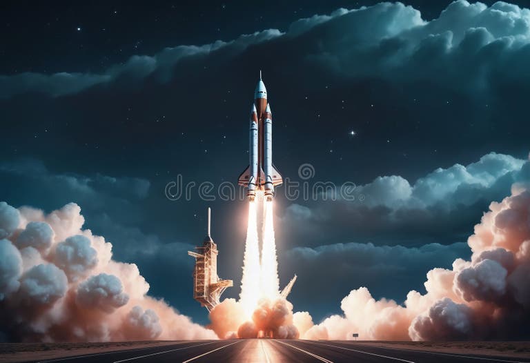 A Futuristic Rocket Ship Blasting Off into a Cloudy Night Sky Stock ...
