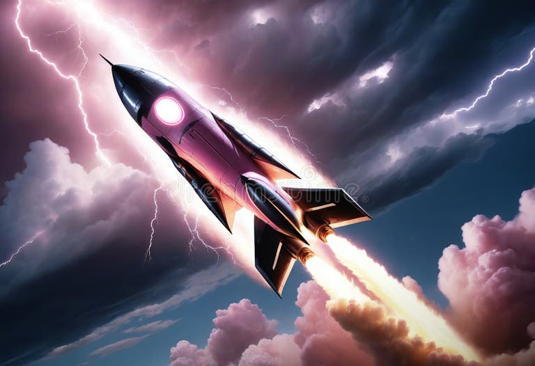 A Futuristic Rocket Ship Blasting Off into a Cloudy Night Sky Stock ...