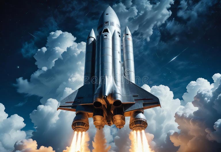 A Futuristic Rocket Ship Blasting Off into a Cloudy Night Sky Stock ...