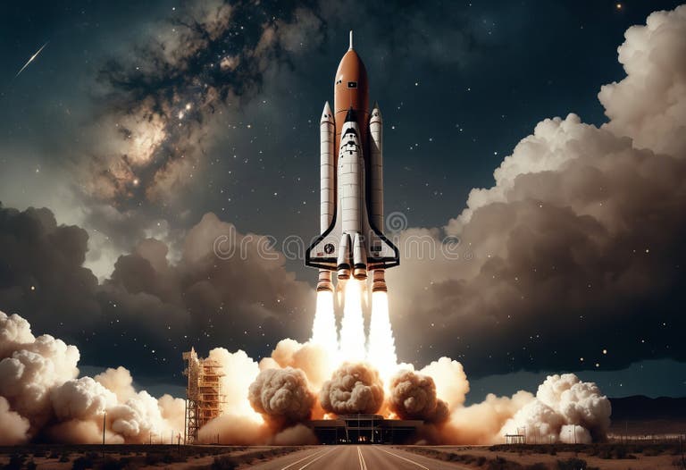 A Futuristic Rocket Ship Blasting Off into a Cloudy Night Sky Stock ...