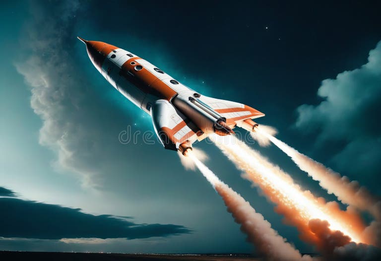 A Futuristic Rocket Ship Blasting Off into a Cloudy Night Sky Stock ...