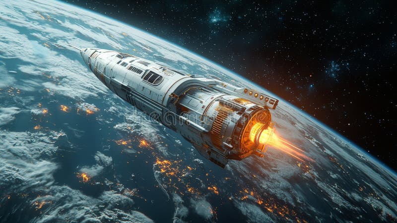 Futuristic Rocket Ship Flying Above Earth S Atmosphere with Glowing ...