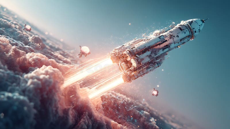 A Futuristic Rocket is Soaring through a Cloud-filled Sky, Emitting ...
