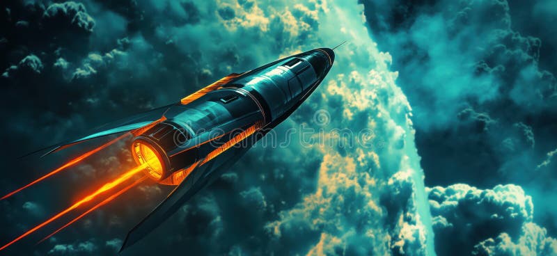 Futuristic Rocket Soaring through Vibrant Clouds in Space, Showcasing ...