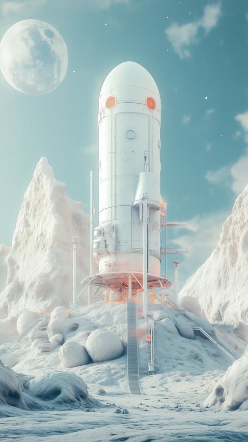 Futuristic Rocket Standing on a Alien Landscape with a Distant Moon in ...