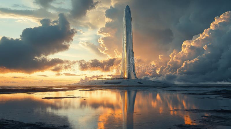 High Tech Rocket Launch Pad Illuminated by Sunset with Dramatic Clouds ...
