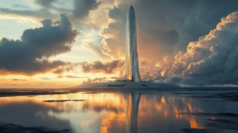 High Tech Rocket Launch Pad Illuminated by Sunset with Dramatic Clouds ...