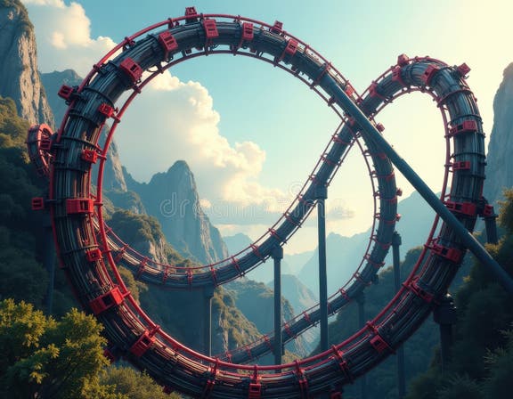 Futuristic Roller Coaster in Mountain Valley - Infinity Loop Ride Stock ...