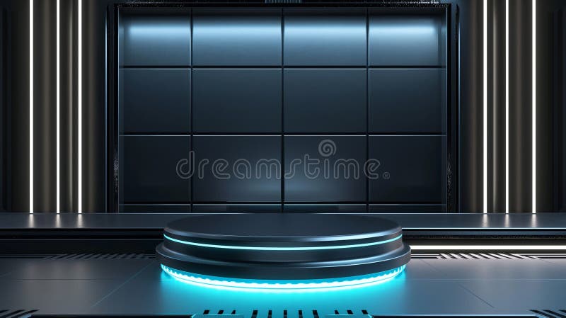 A Futuristic Room with a Blue and Silver Floor and a Round Platform ...