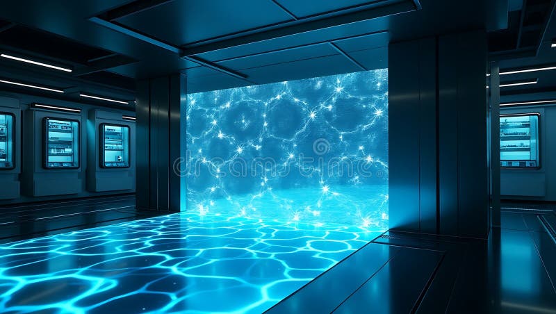 Futuristic Room with Blue Water Effect Display and Floor Reflections Creating an Immersive ...