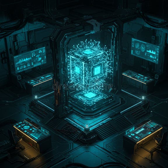 Futuristic Room with a Central Glowing Blue Cube, Resembling a Quantum ...