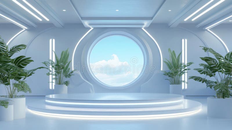 Futuristic Room with Circular Window and Podium Stock Illustration ...