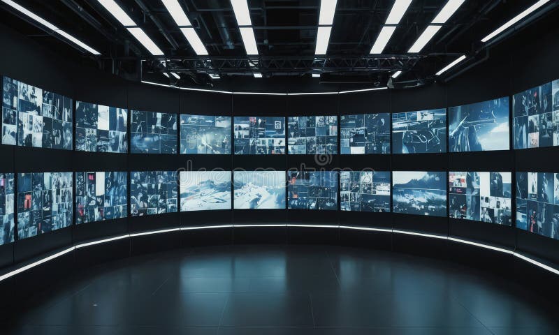 Futuristic Room with Curved Ceiling and Multiple Screens Displaying ...