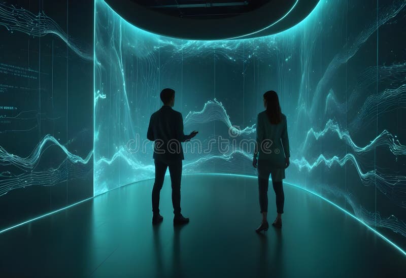A Futuristic Room with a Curved Screen Displaying an Abstract Pattern ...
