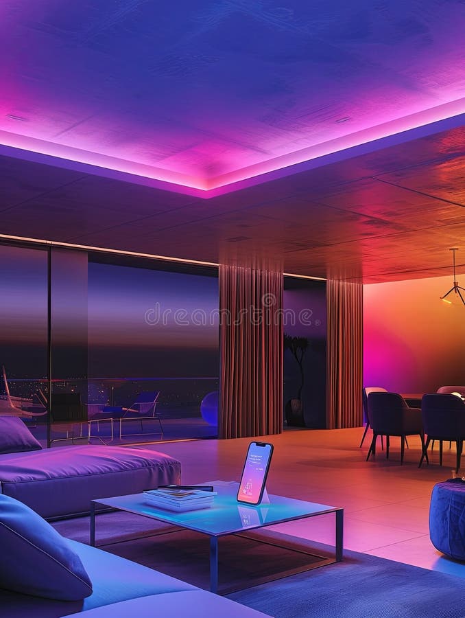 Futuristic Room Featuring Advanced Smart Lighting with Color-changing ...