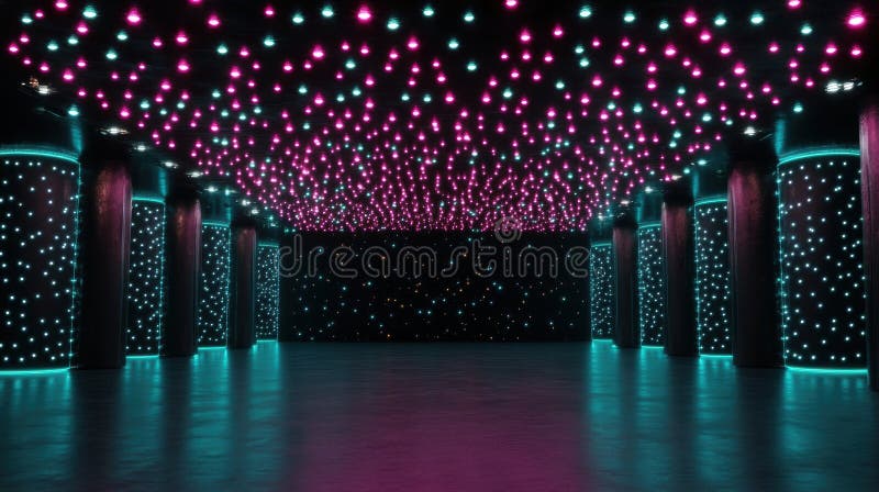 A Futuristic Room Featuring a Neon-lit Ceiling with Pink and Blue ...