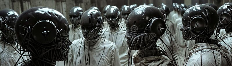 Futuristic Room Filled with Alien Humanoids in Dark Helmets Stock ...