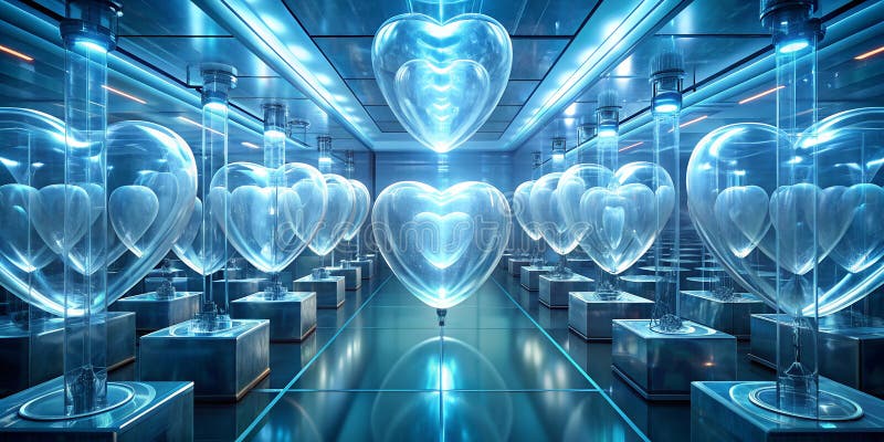 Futuristic Room Filled with Rows of Transparent Pods Containing Beating ...