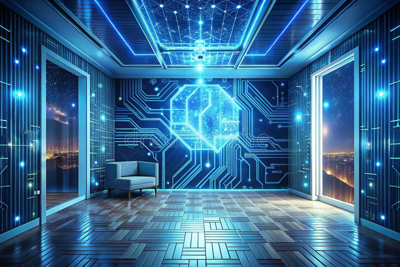 Futuristic Room with Glowing Circuit Board Wall and Cityscape View ...