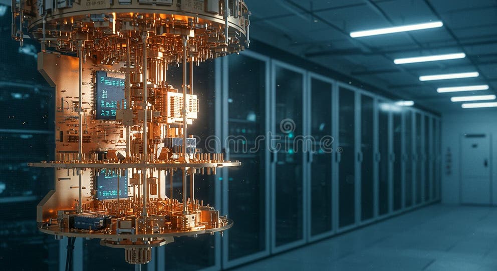 Futuristic Room Housing a Quantum Computer System with Complex, Gold ...