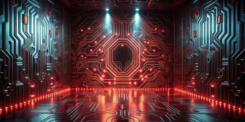 Futuristic Room with Illuminated Circuitry Walls and Floor, Perfect for ...