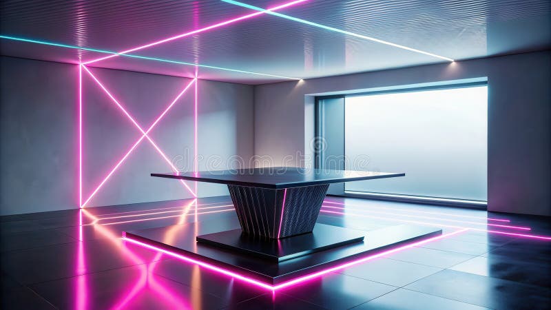 Futuristic Room with Illuminated Table and Geometric Neon Lighting ...