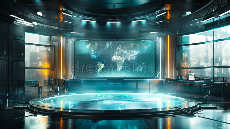 Futuristic Room with a Large Circular Table and a Globe Stock Image ...