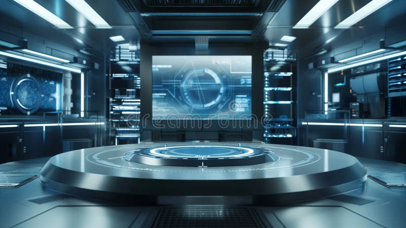 A Futuristic Room with a Large Screen and a Round Table. Product ...