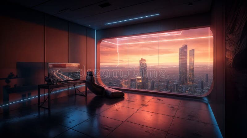 Futuristic Room with Large Window Overlooking a City at Sunset Stock ...