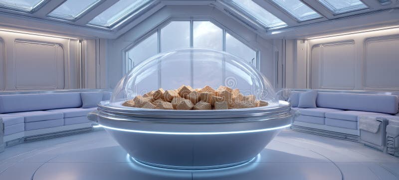 Futuristic Room with Modern Seating and Central Transparent Dome Filled ...