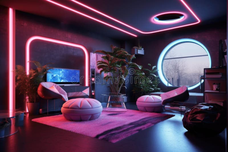 Futuristic Room with Neon Lighting and Modern Design Stock Illustration ...