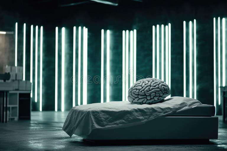 Futuristic Room with Neon Lights and Brain Model on Bed Stock Photo ...