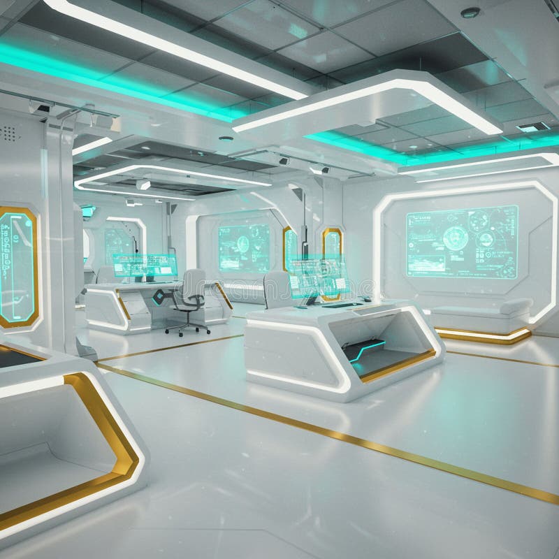 Futuristic Room with Sleek White and Silver Surfaces, Highlighted by ...