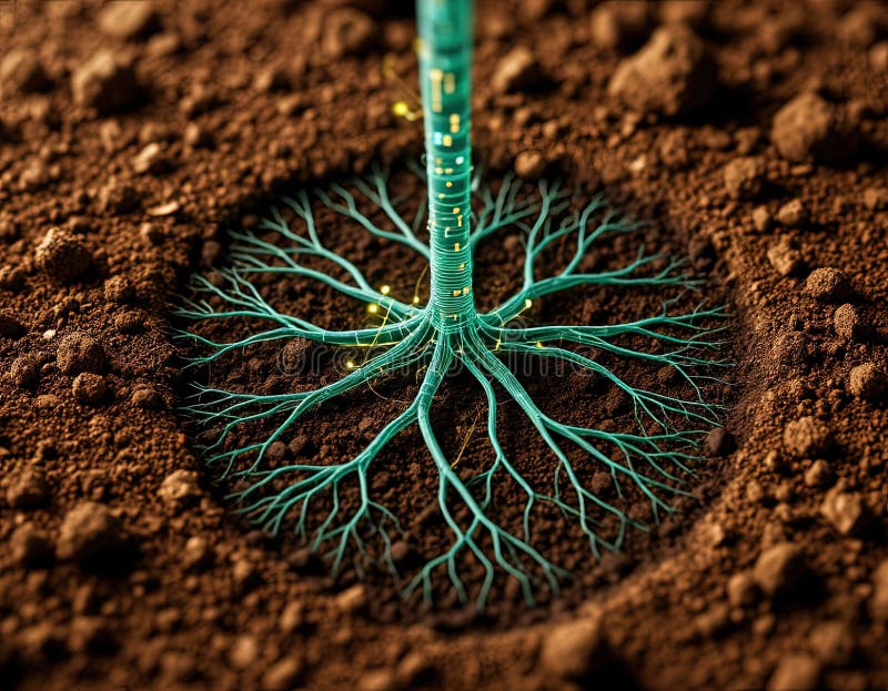 Futuristic Roots with Embedded Electronics Grow into the Earth. Stock ...
