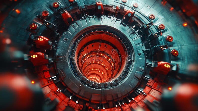 Futuristic Rotating Reactor Core with Glowing Red Lights and Metal ...