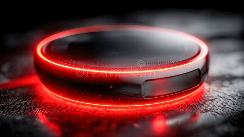 Futuristic Round Black Gadget with Glowing Red Edges, Resting on a Dark ...