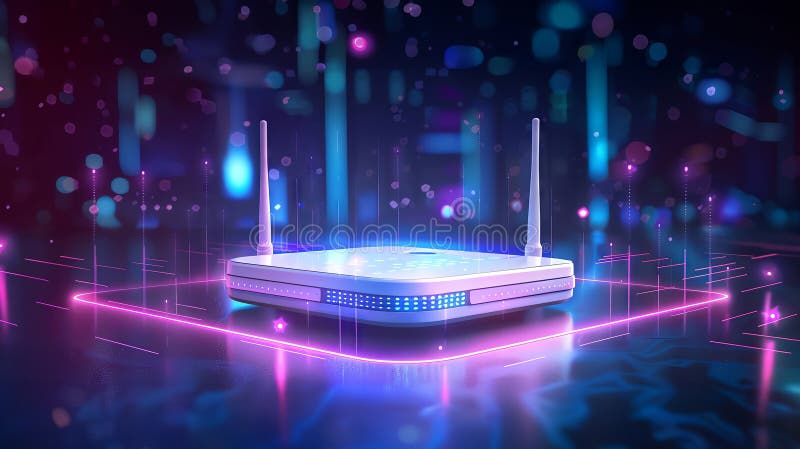 A Futuristic Router with Glowing Antennas Stands on a Neon Platform ...