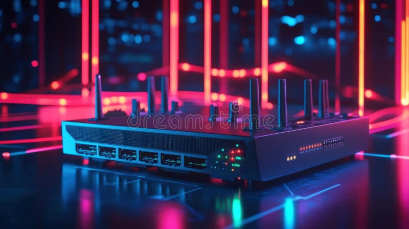 Futuristic Router Managing Data Flow in Cyberspace with Neon Lights ...