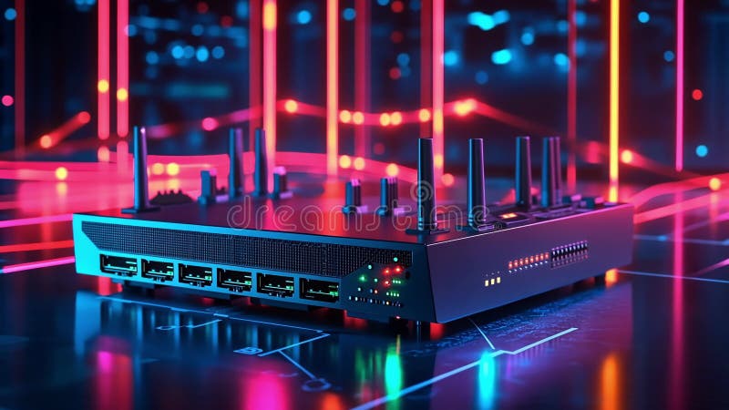 Futuristic Router Managing Data Flow in Cyberspace with Neon Lights ...