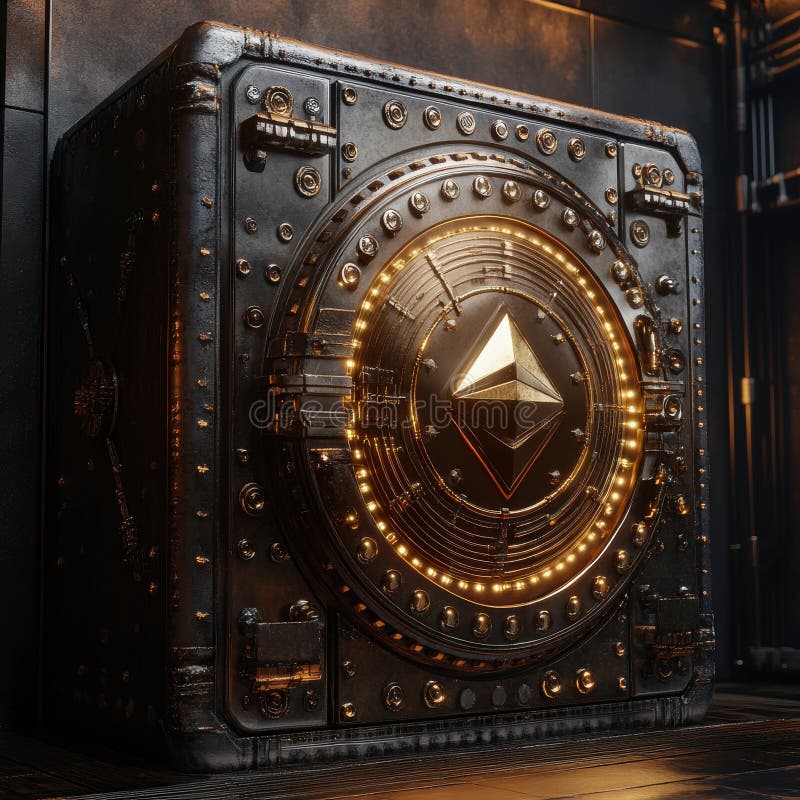 Futuristic Safe with Illuminated Symbol and Industrial Background Stock ...